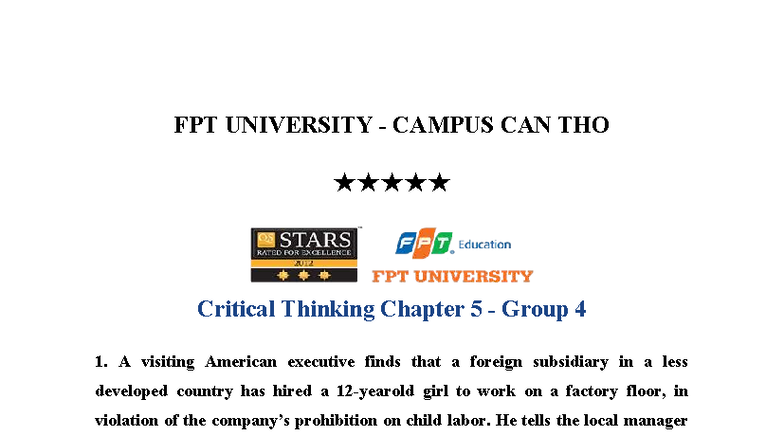 FPT UNIVERSITY CAMPUS CAN THO Critical Thinking Chapter 5 Group 4 ...