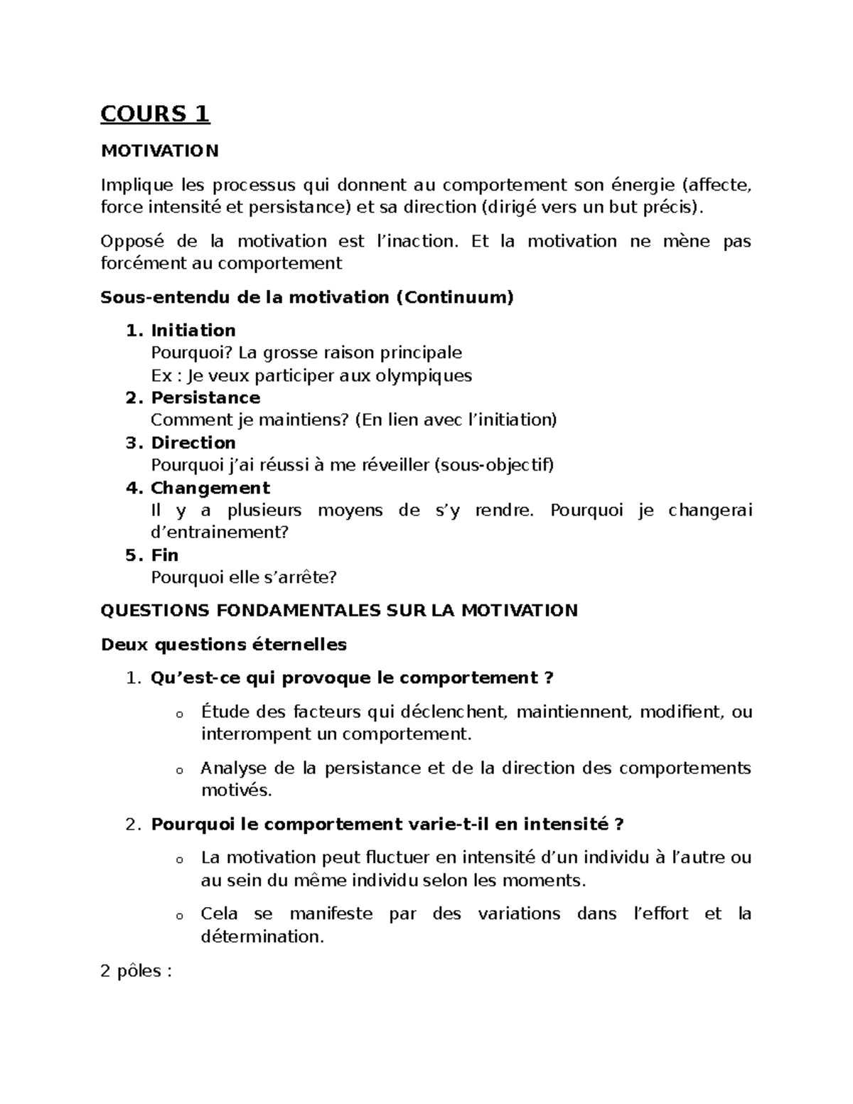 Motivation et émotions - COURS 1 MOTIVATION Implique les processus qui ...