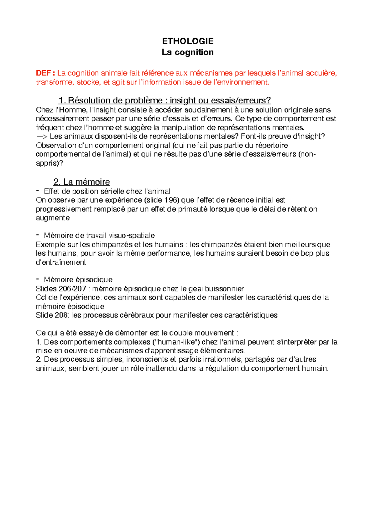 ETHOLOGIE 3 : Notes sur la Cognition Animale et Mémoire - Studocu