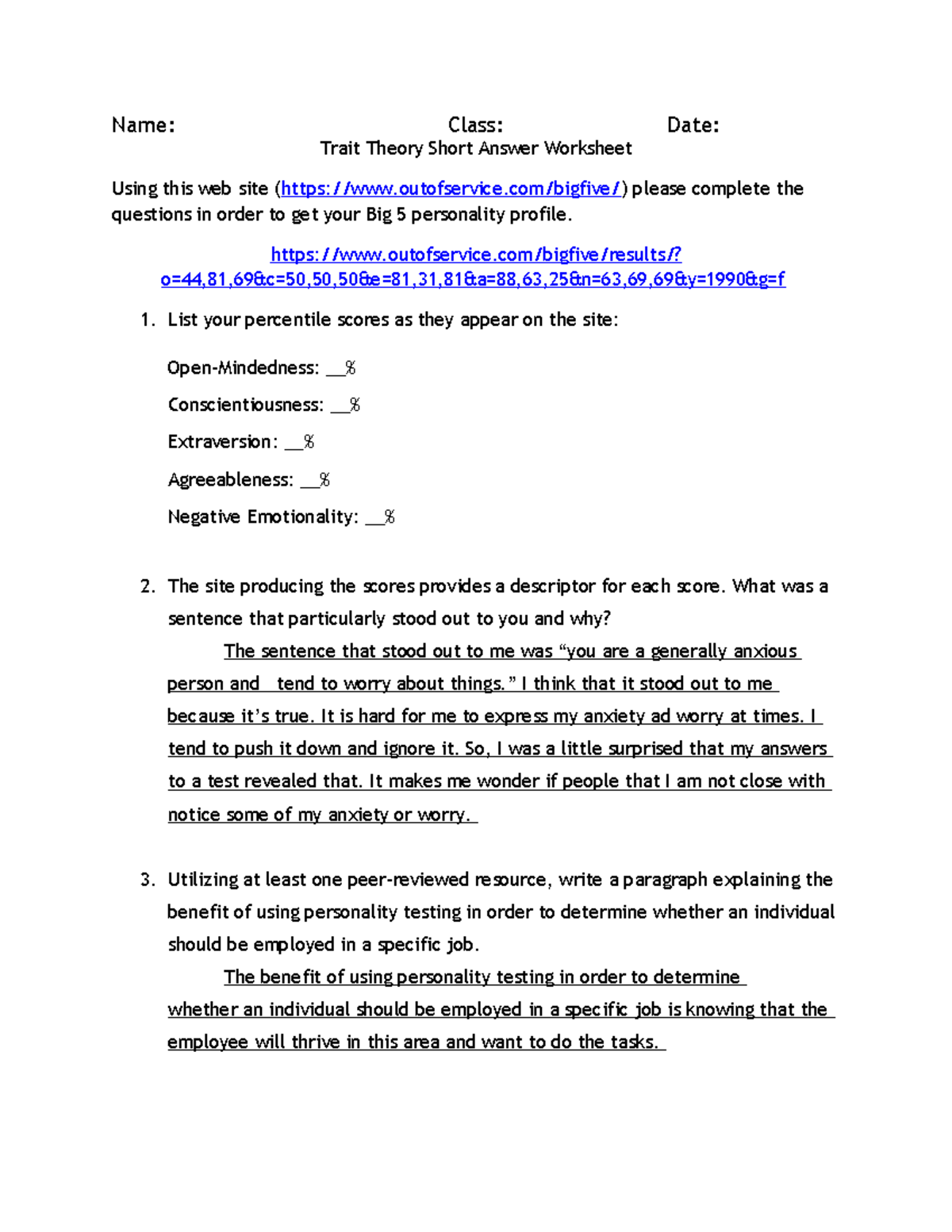 PSY-255- Trait Theory Short Answer Worksheet Assignment - Studocu