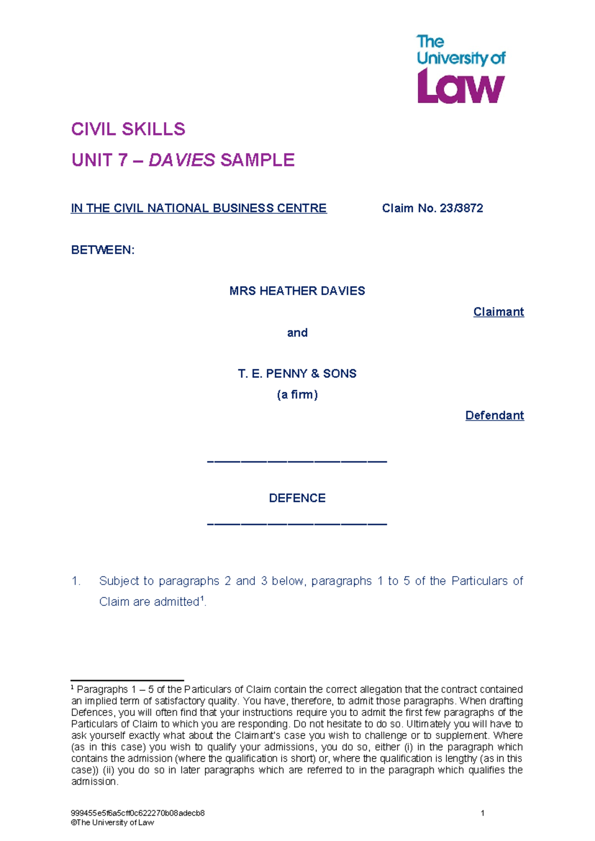 2324 CIV Unit 07 Defence Example: Mrs. Davies vs. T.E. Penny & Sons ...