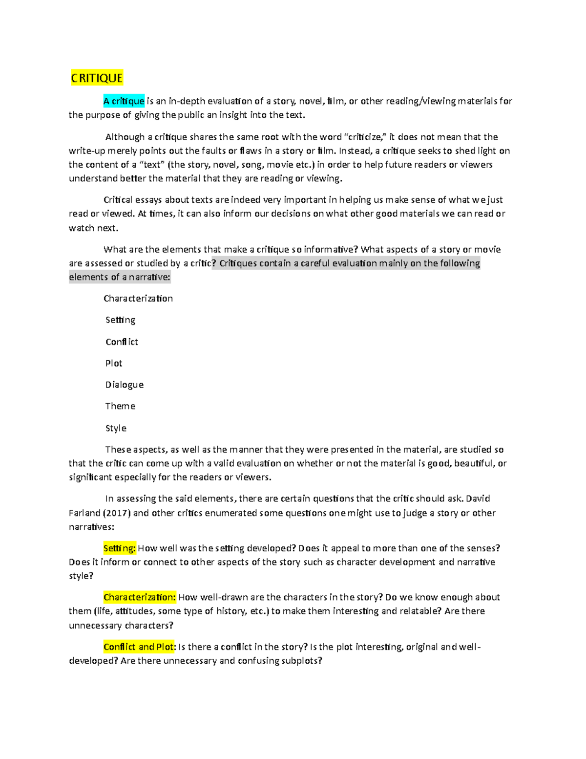 Critique notes f - CRITIQUE A critique is an in-depth evaluation of a ...