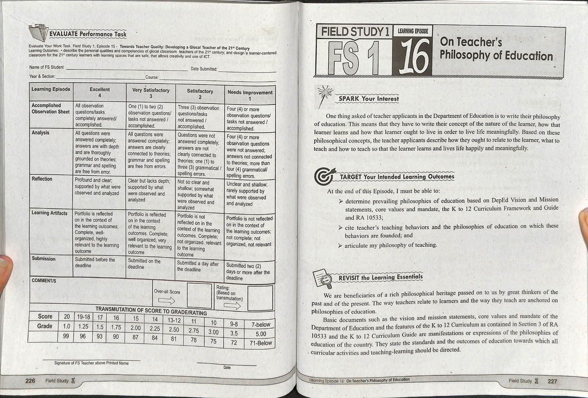Field Study 1: Learning Episode 16 - Evaluating Teacher's Philosophy of ...