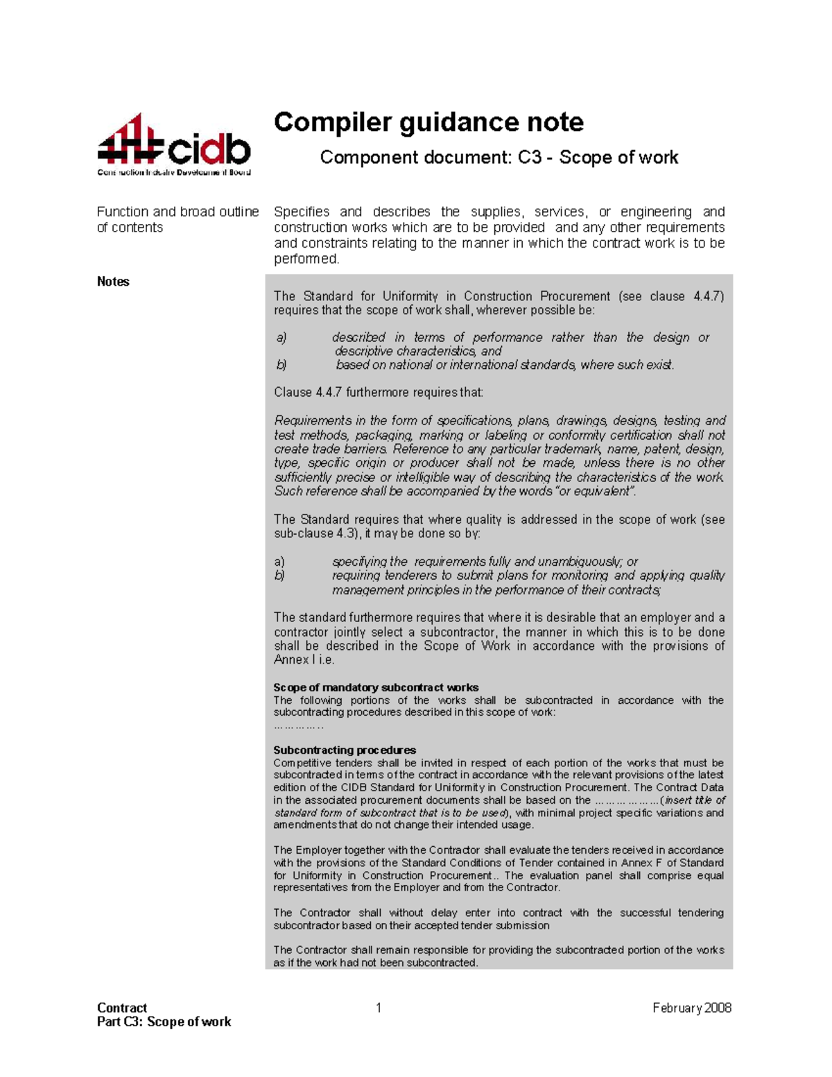 CIDB Specification Guidance C: Scope of Work and Requirements - Studocu