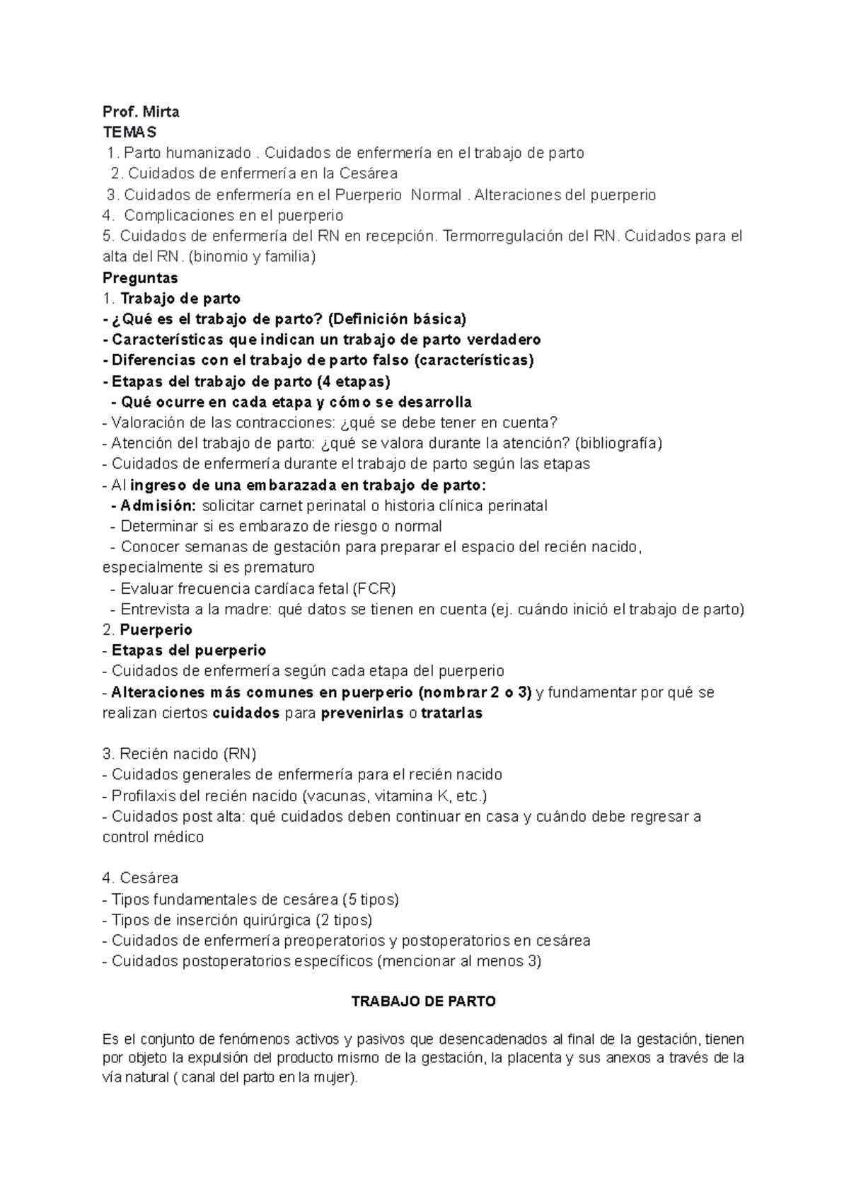 Cuidados de Enfermería en Parto y Puerperio - Parcial MIRTA 1 - Studocu