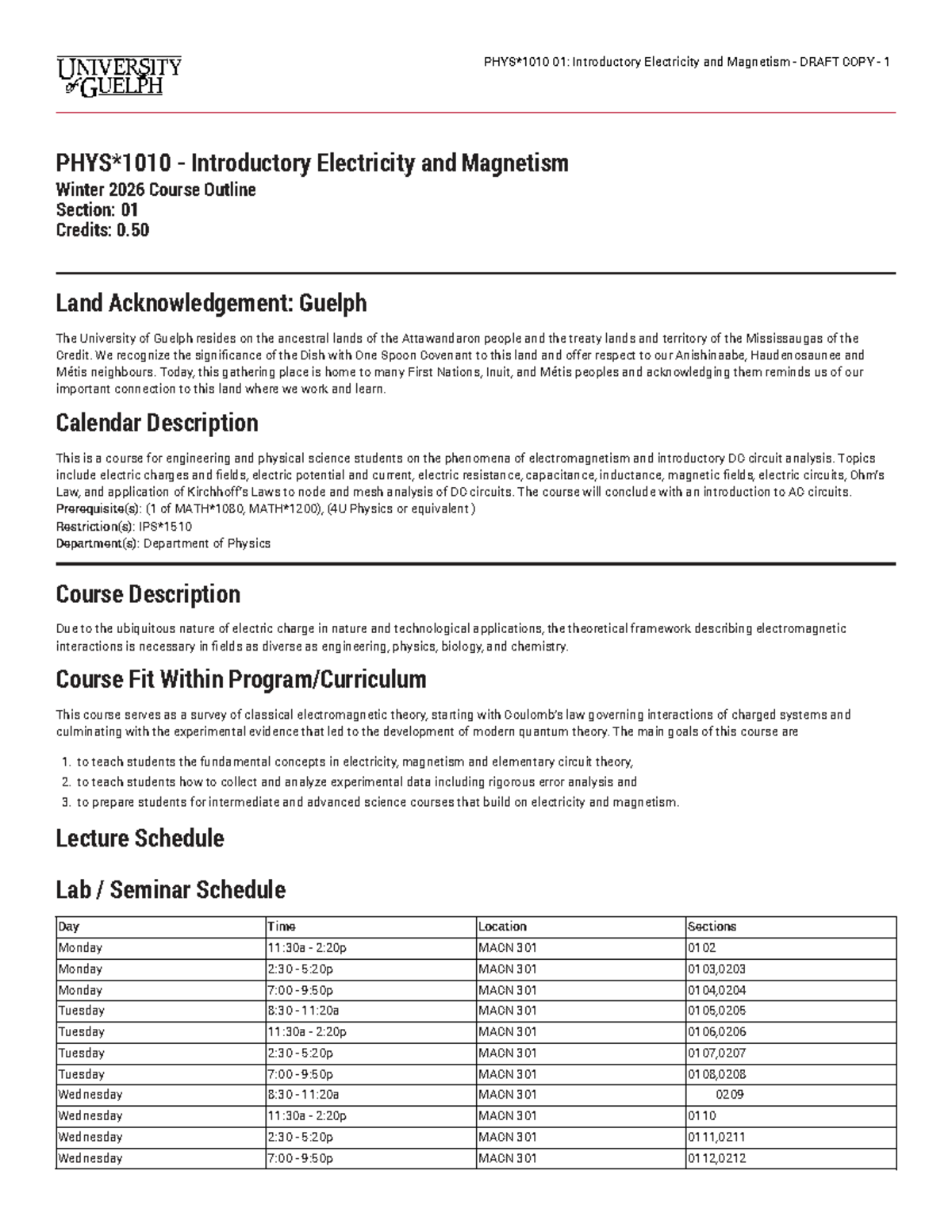 Phys-1010-01: Introductory Electricity and Magnetism Course Outline ...