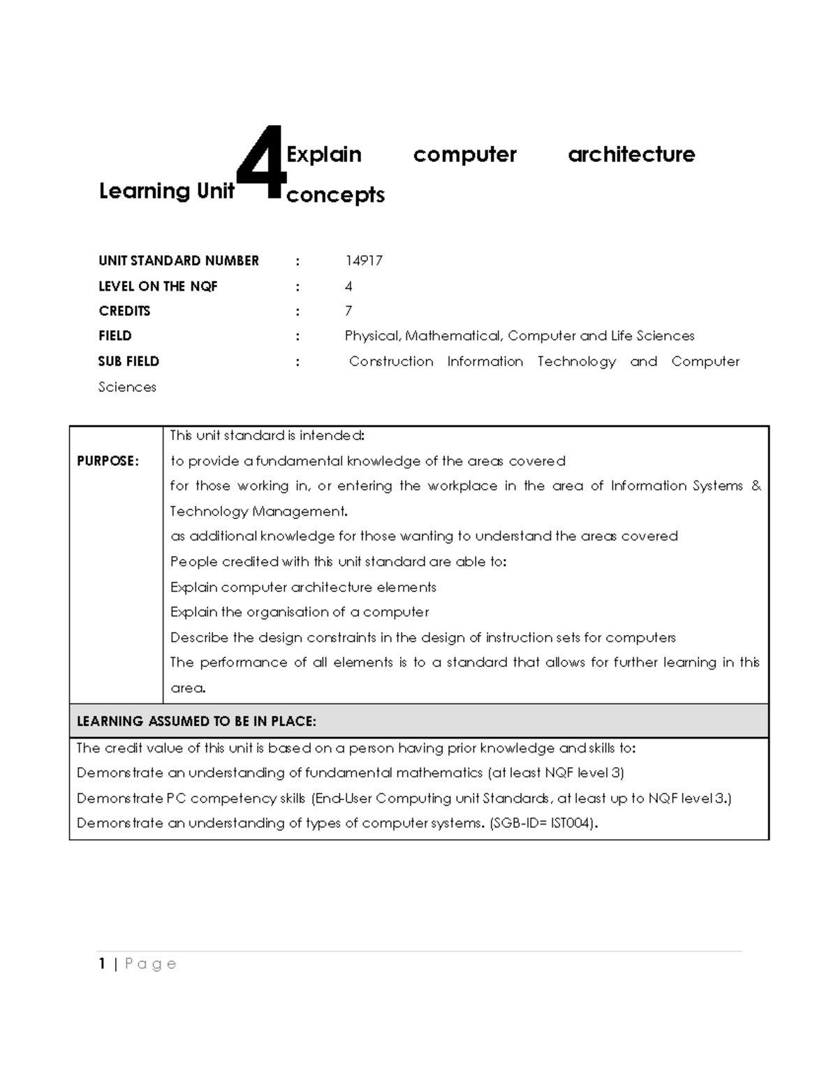 Explain computer architecture concepts - Learning Unit 4 UNIT STANDARD ...
