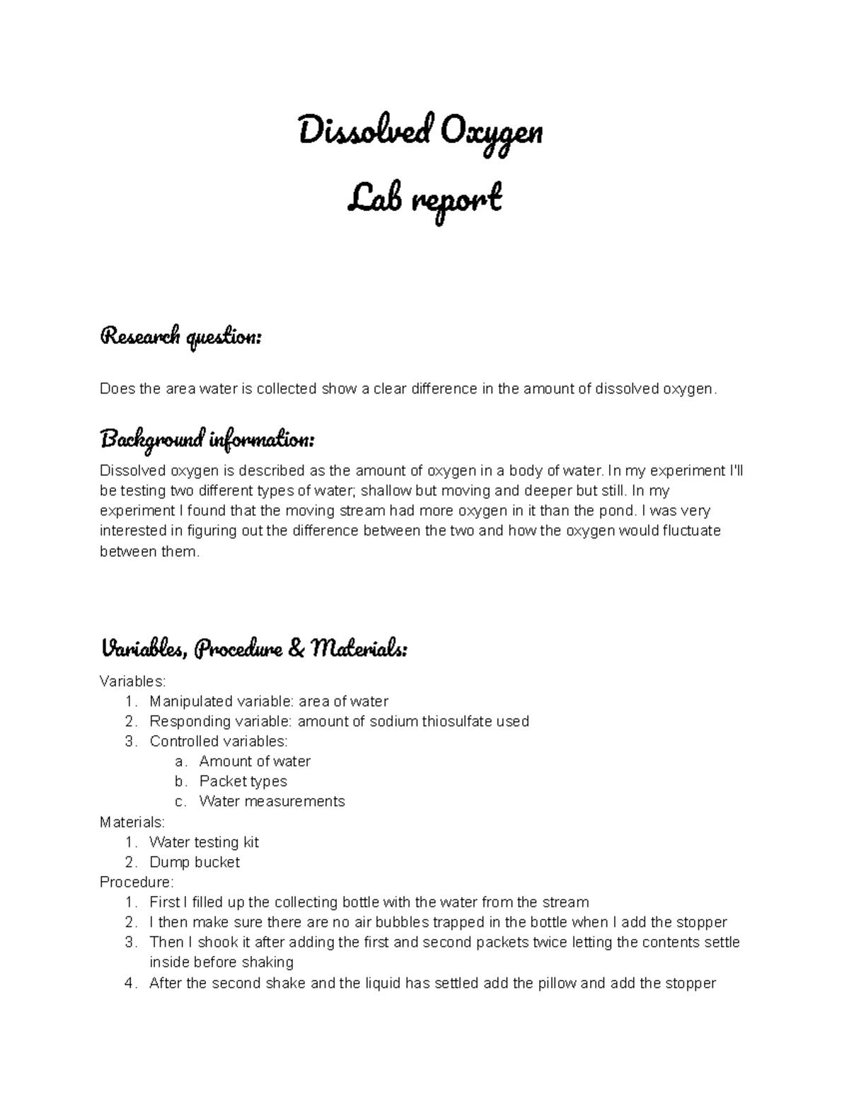 Lab Report on Dissolved Oxygen Levels in Varied Water Sources - Studocu