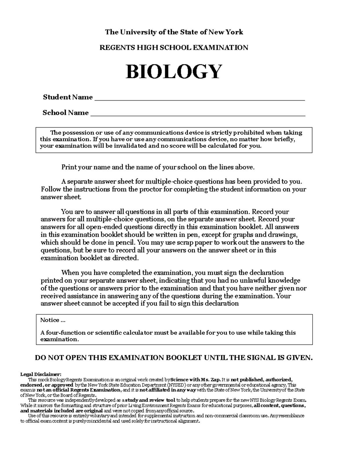Biology Regents Exam - Comprehensive Review and Practice - Studocu