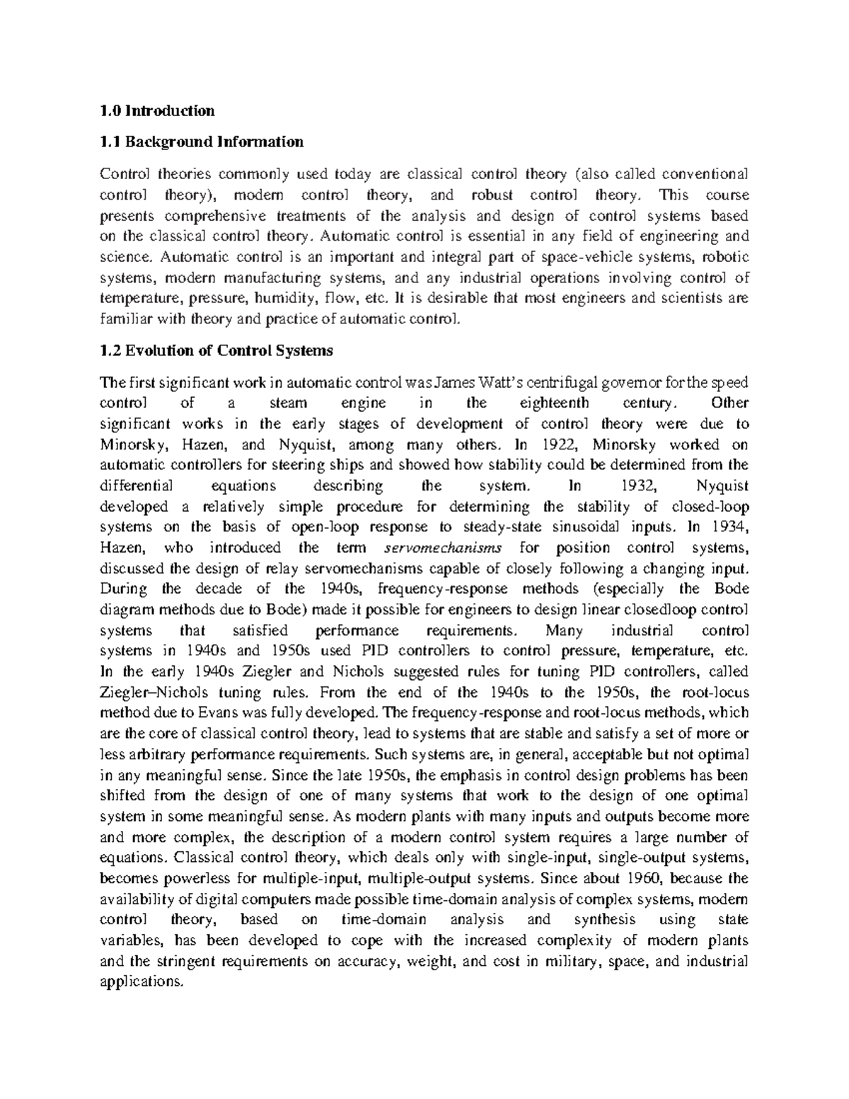 EE411 Control System Engineering I CH I - 1 Introduction 1 Background ...