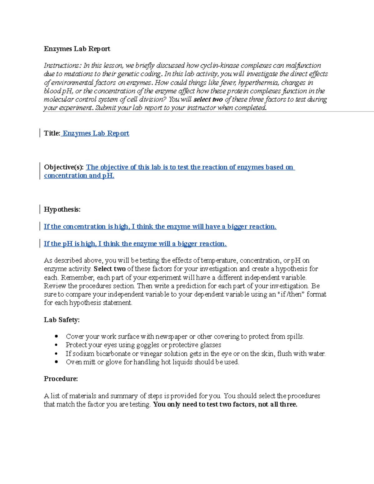 04 06 enzymes lab report - Enzymes Lab Report Instructions: In this ...