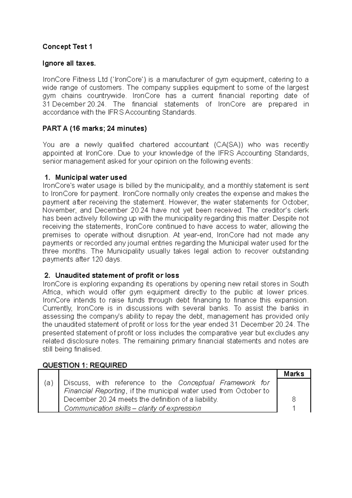 Concept Test 1: IFRS Liabilities Analysis for IronCore Fitness Ltd ...