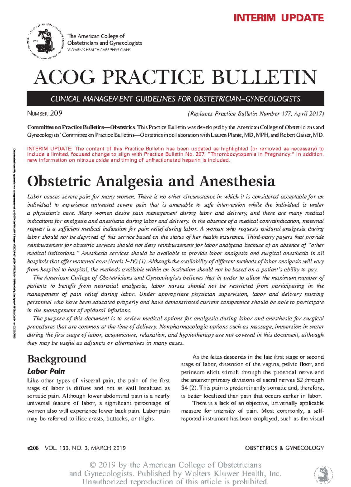 ACOG Practice Bulletin No. 209: Clinical Guidelines for Obstetric Pain ...