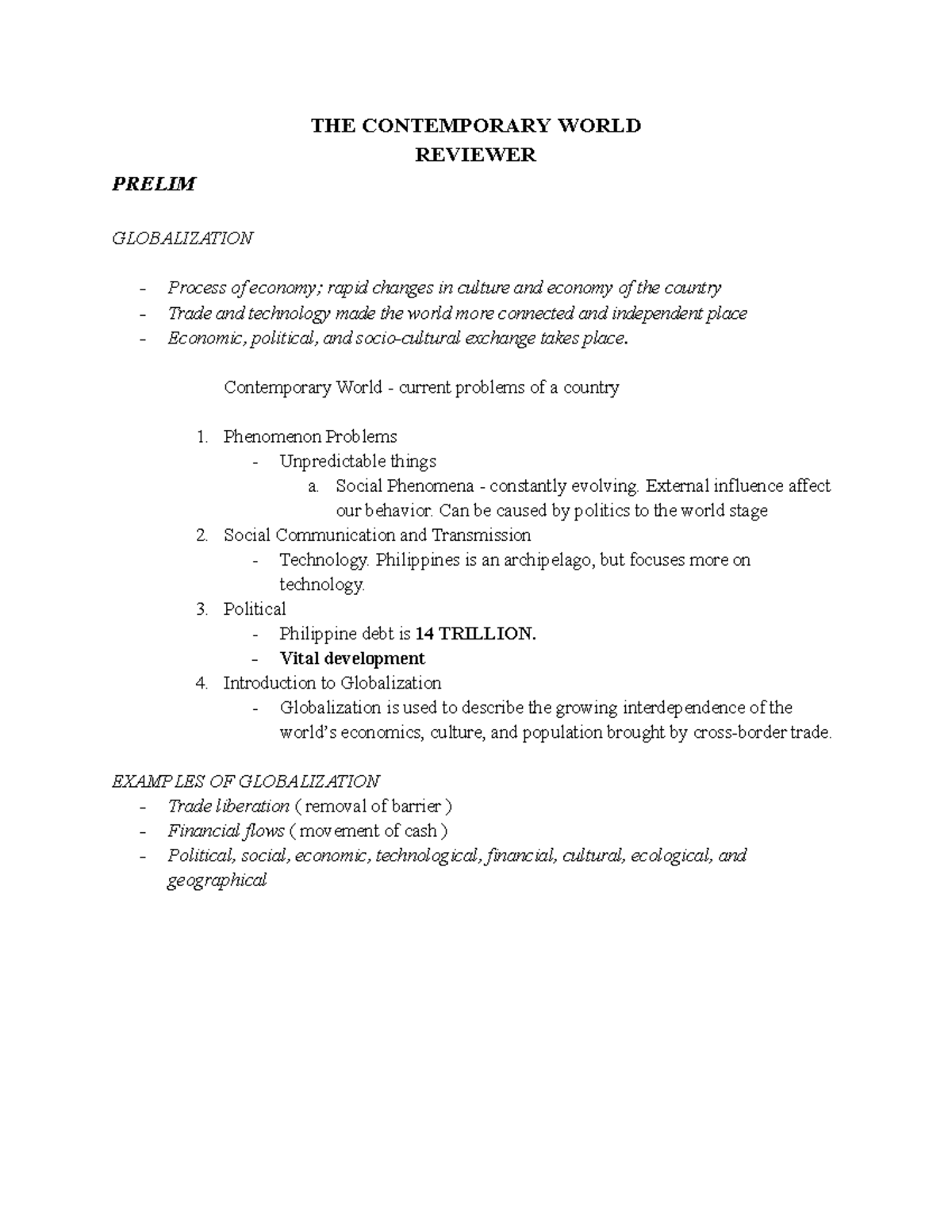 Contemporary World: Globalization Reviewer (Prelim) - Studocu