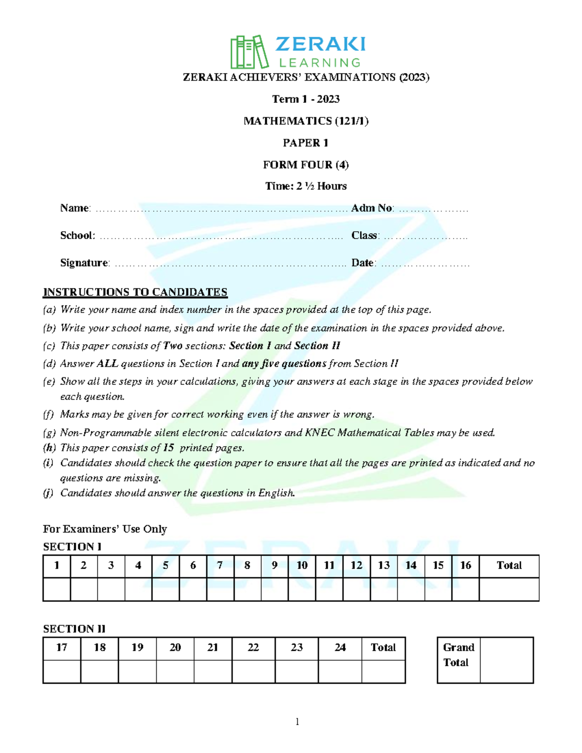 Mathematics Form 4 Paper 1 Question Paper Zeraki Achievers 9.0 - April 2023 - ZERAKI ACHIEVERS ...