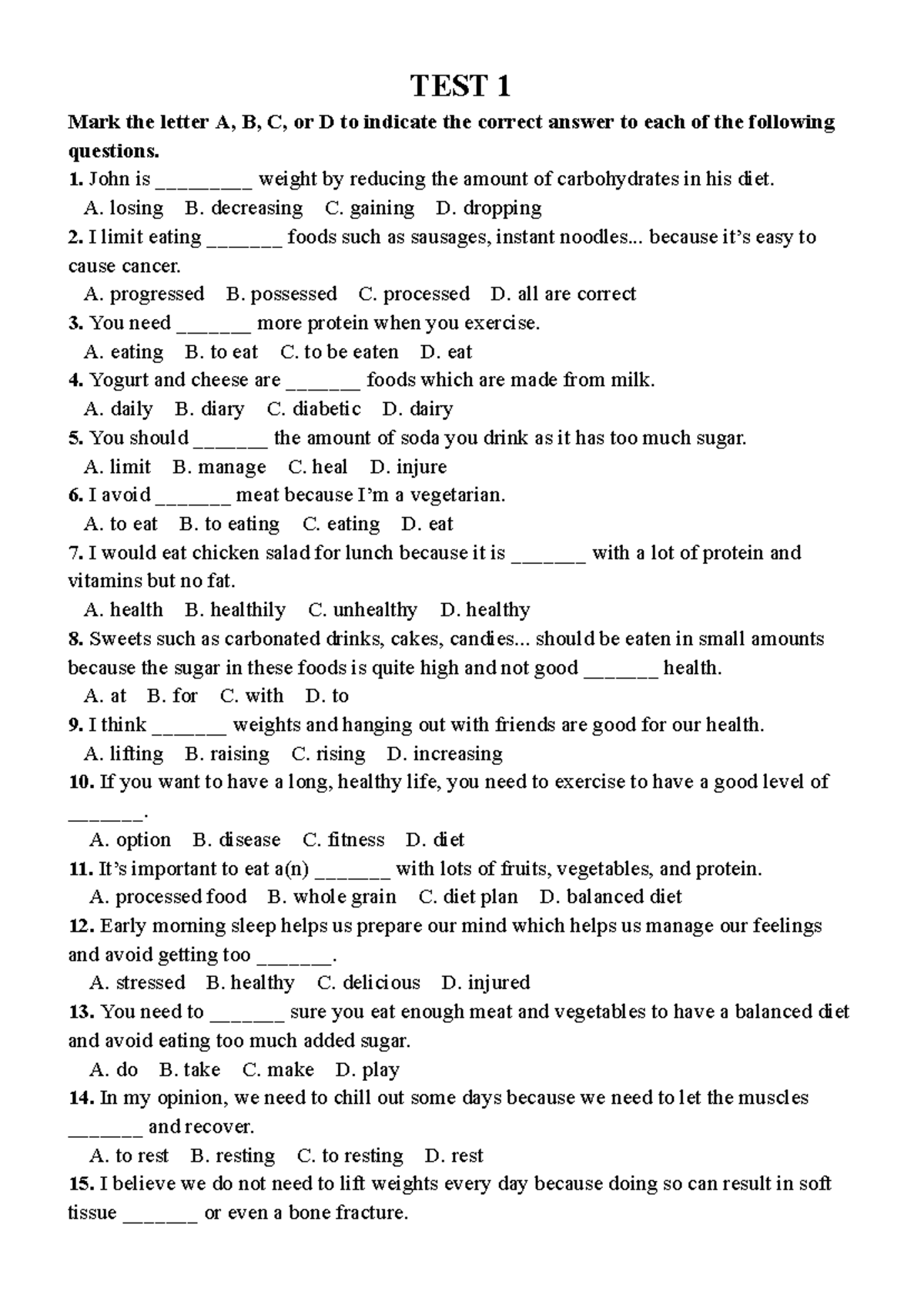 TEST 1 - Multiple Choice Questions on Health and Nutrition - Studocu
