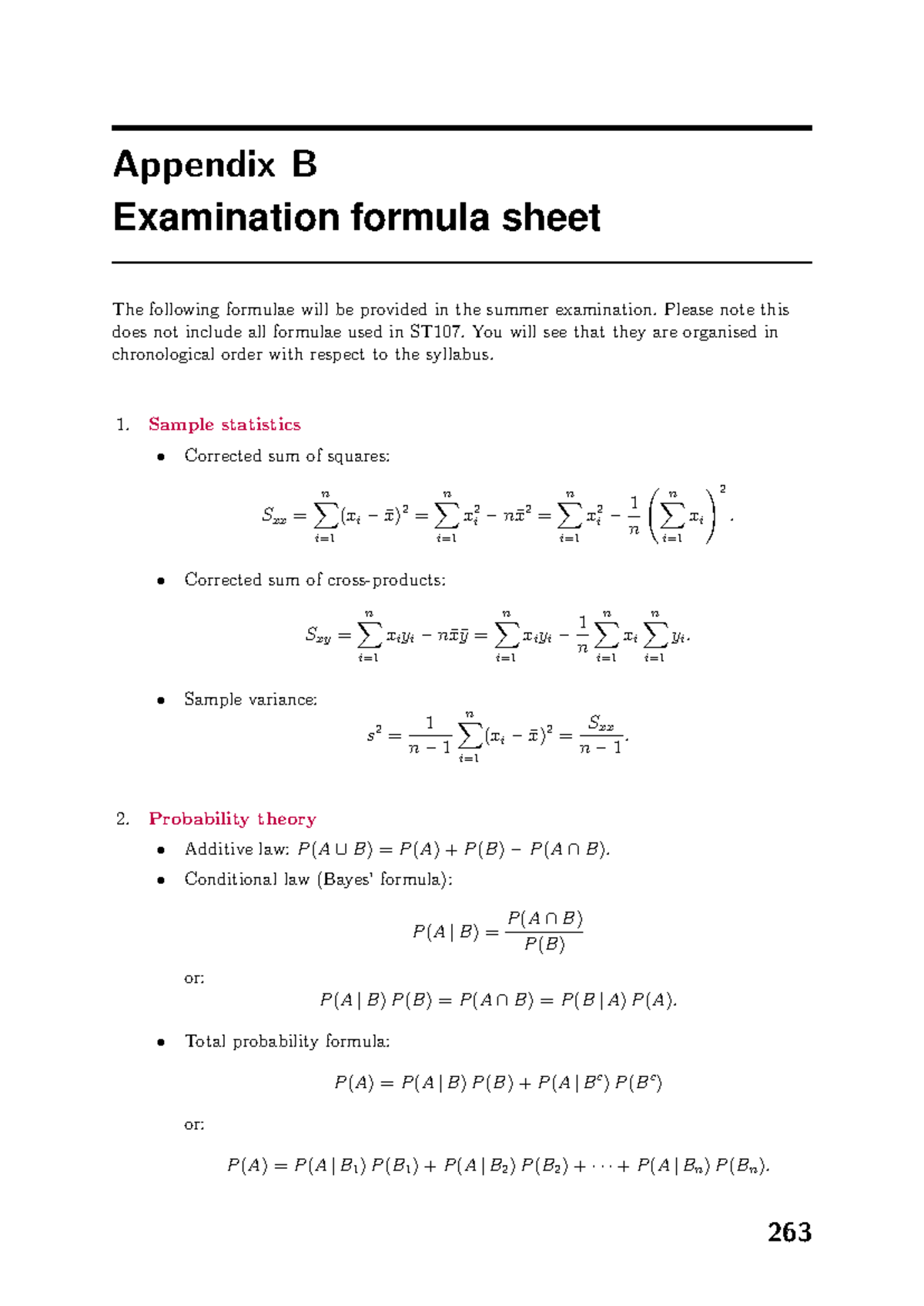 ST107 Examination Formula Sheet for Quantitative Methods - Studocu