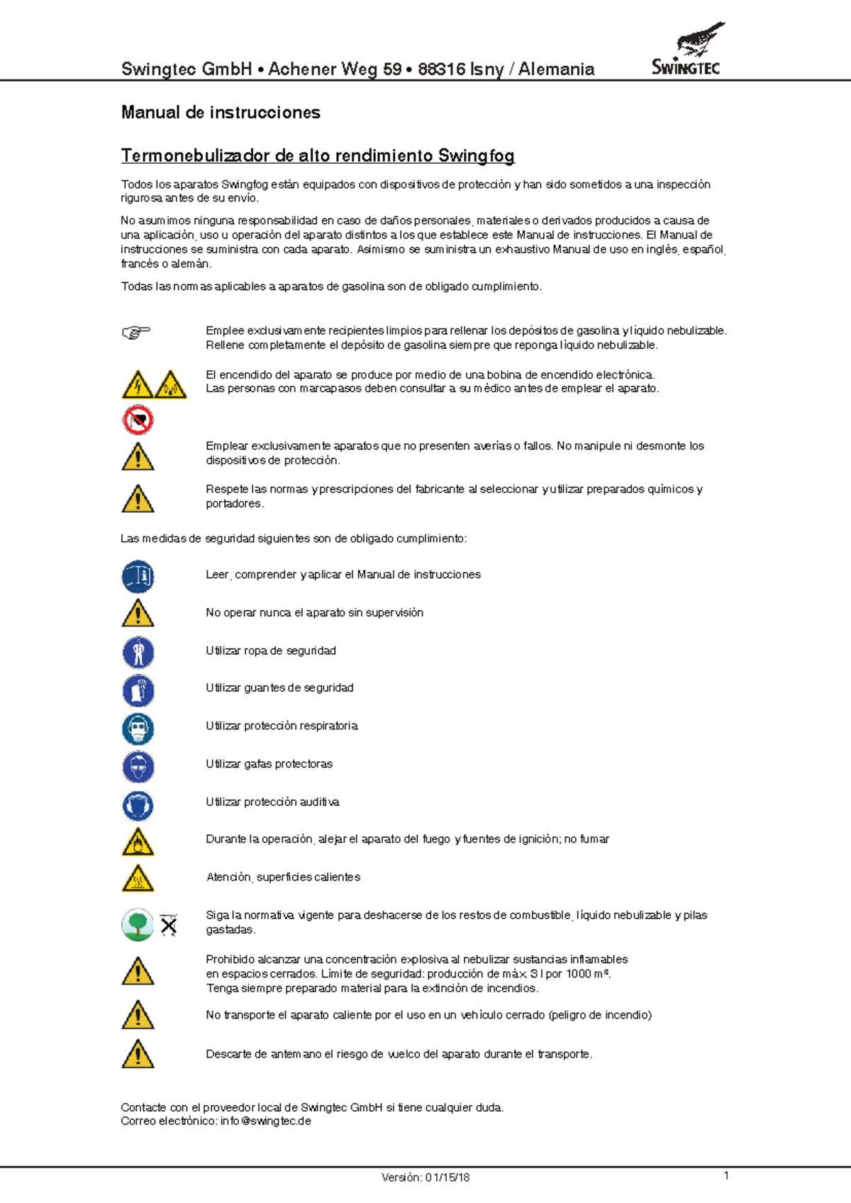 Manual de Instrucciones para Termonebulizador Swingfog SN 50/101/81 ...