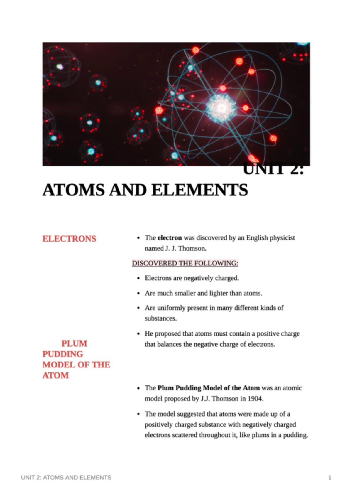 UNIT 2: ATOMS & ELEMENTS Final Notes on Electrons and Their Properties ...