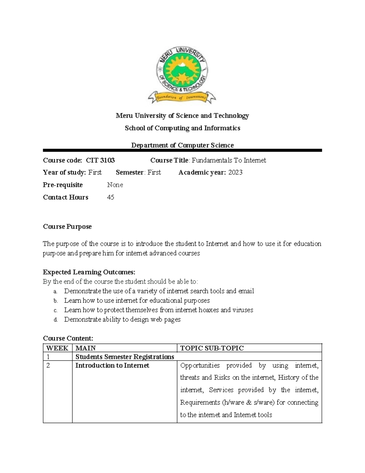 CIT 3103 Fundamentals OF Internet Course Outline Detailed - Meru ...
