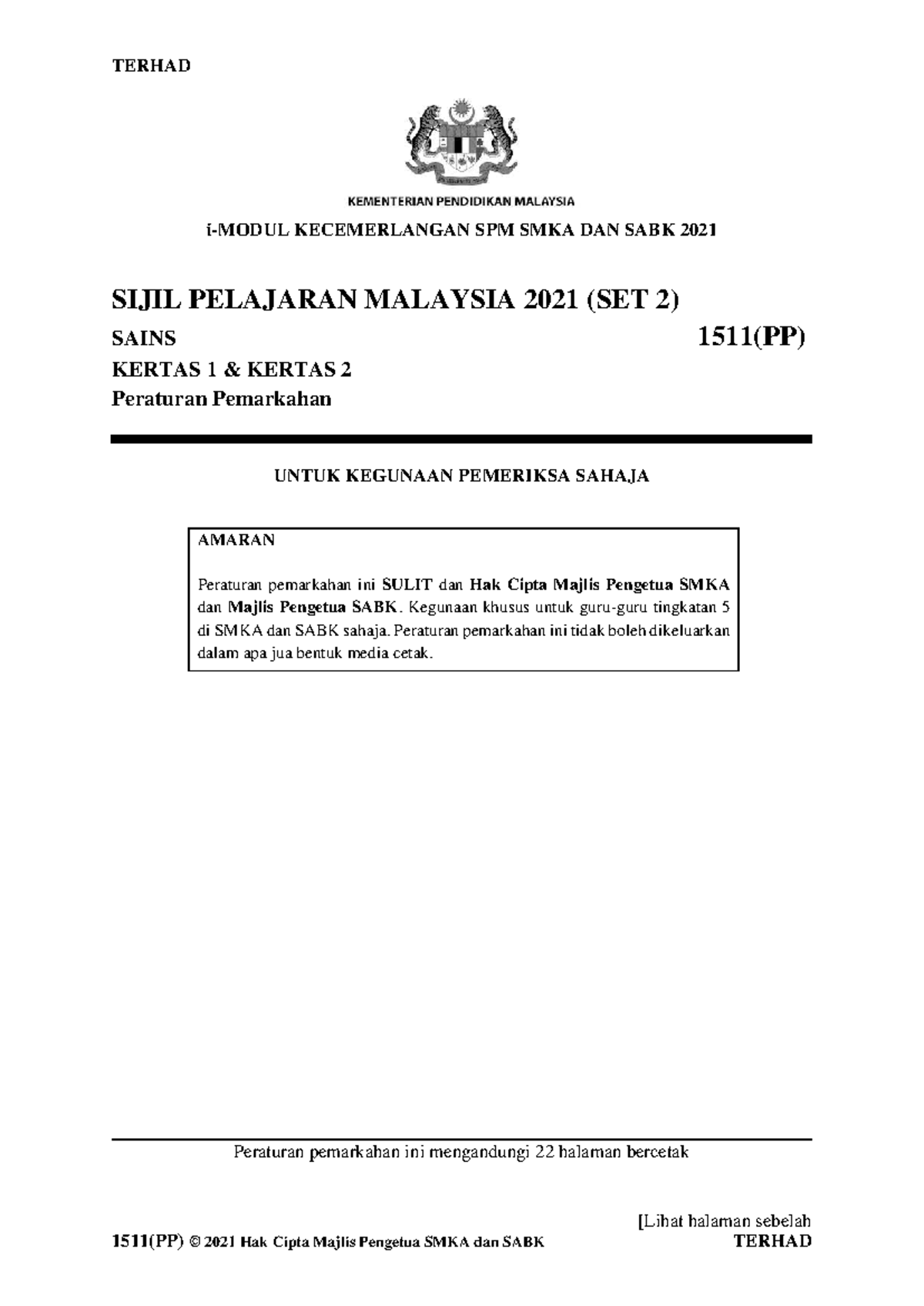 Skema Ujian Percubaan Sains SMKA/SABK 2021 (SET 2) 1511(PP) - Studocu