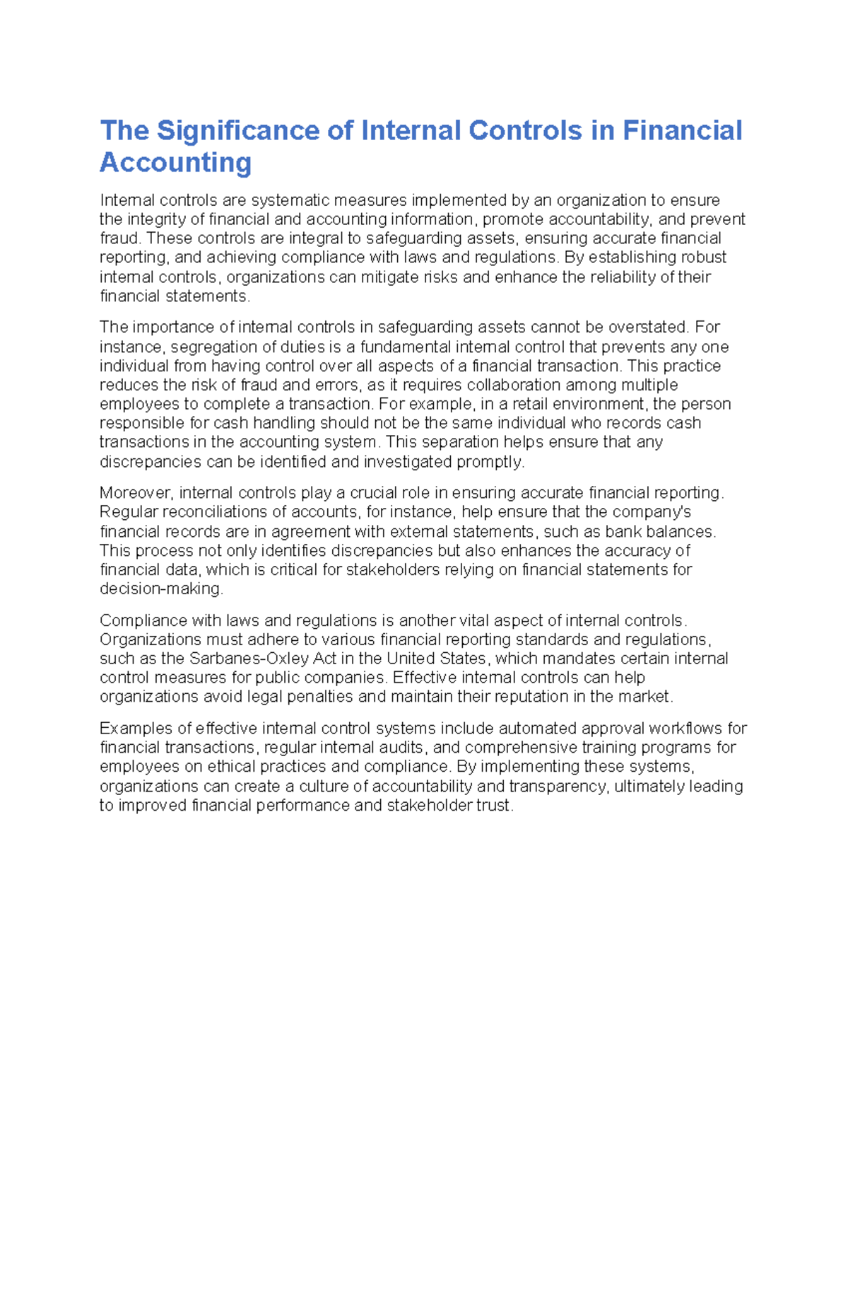 The Significance of Internal Controls in Financial Accounting - The Significance of Internal ...