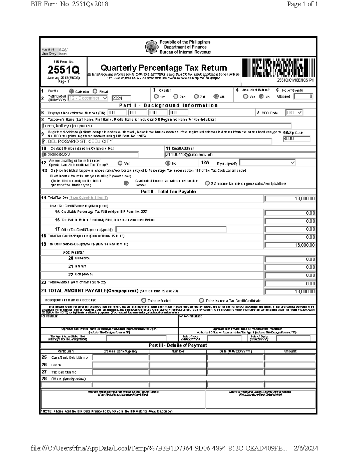 BIR Form No. 2551Q: Quarterly Percentage Tax Return Instructions - Studocu