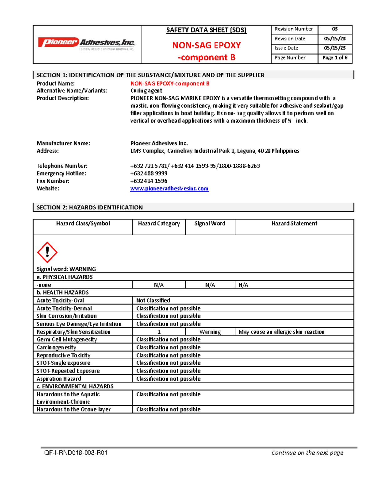 SDS EPOXY B (Nonsag) Revision 03 - Safety Data Sheet Overview - Studocu