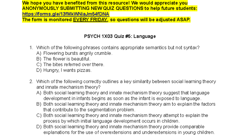 PSYCH 1X03 Quiz #5: Language Development and Theories - Studocu