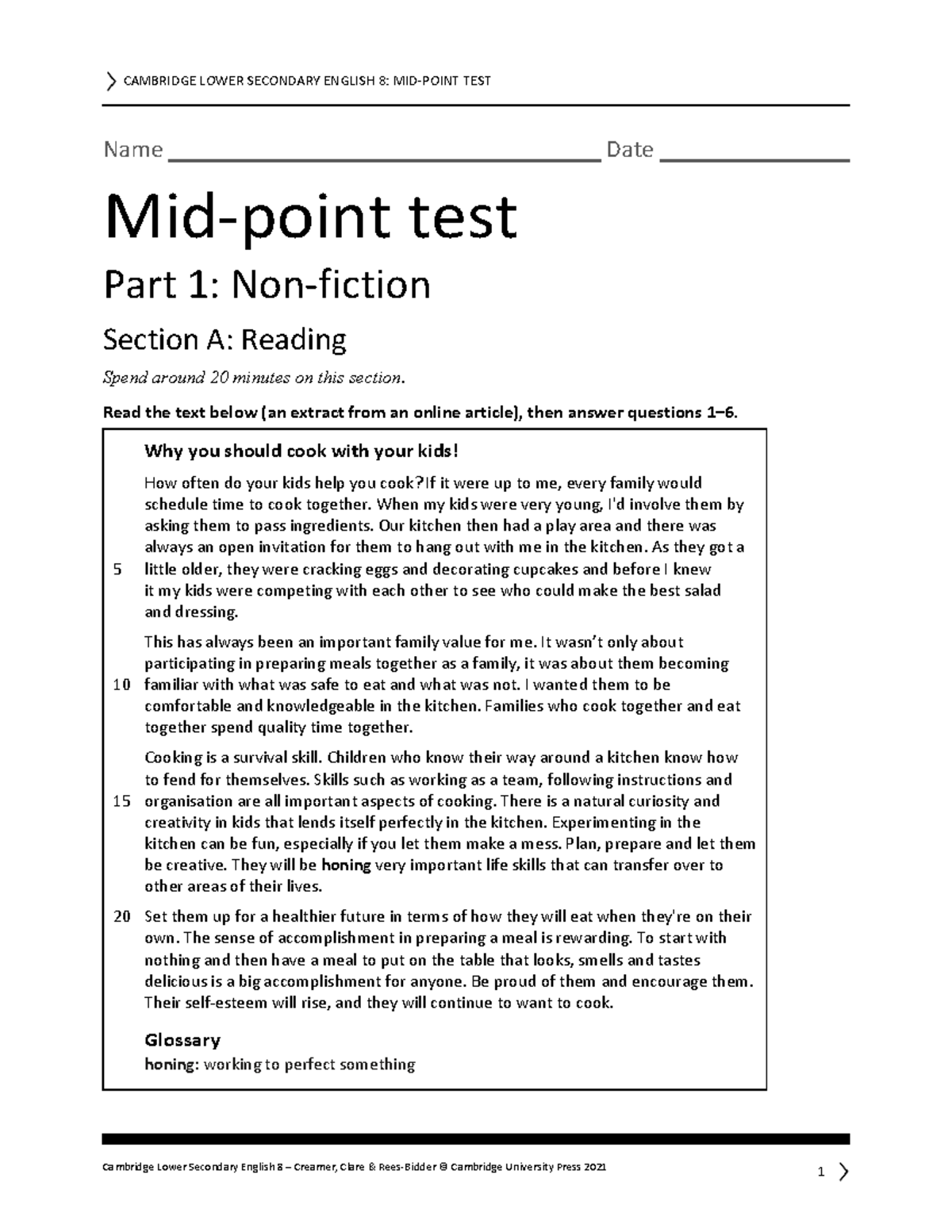 CAMBRIDGE LOWER SECONDARY ENGLISH 8: MIDPOINT TEST ON READING & WRITING ...