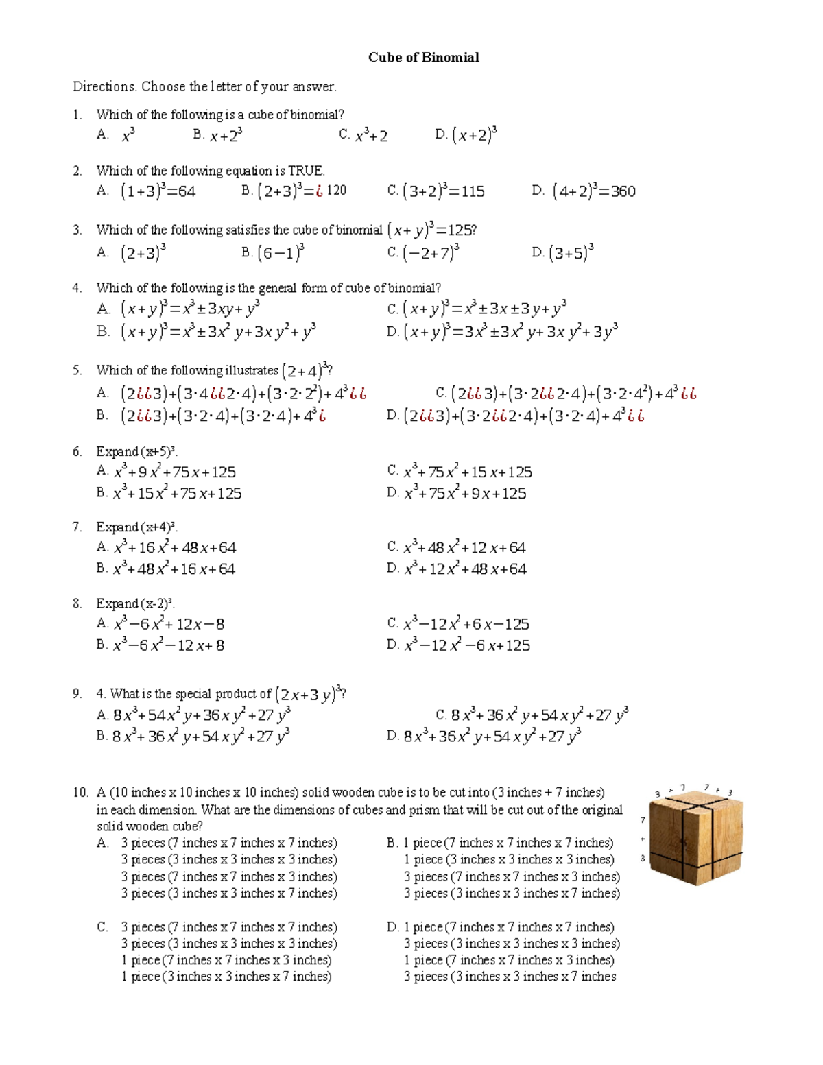 Pre-Post-Test: Cube of Binomial Concepts & Problems - Studocu