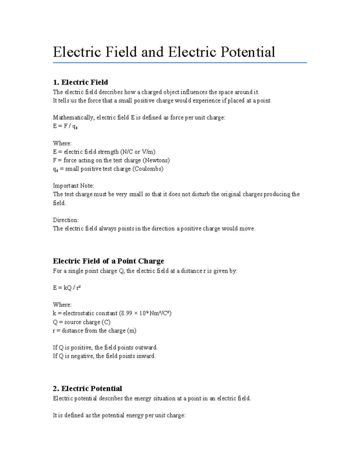 Electric Field and Potential Notes for Physics 101 - Studocu