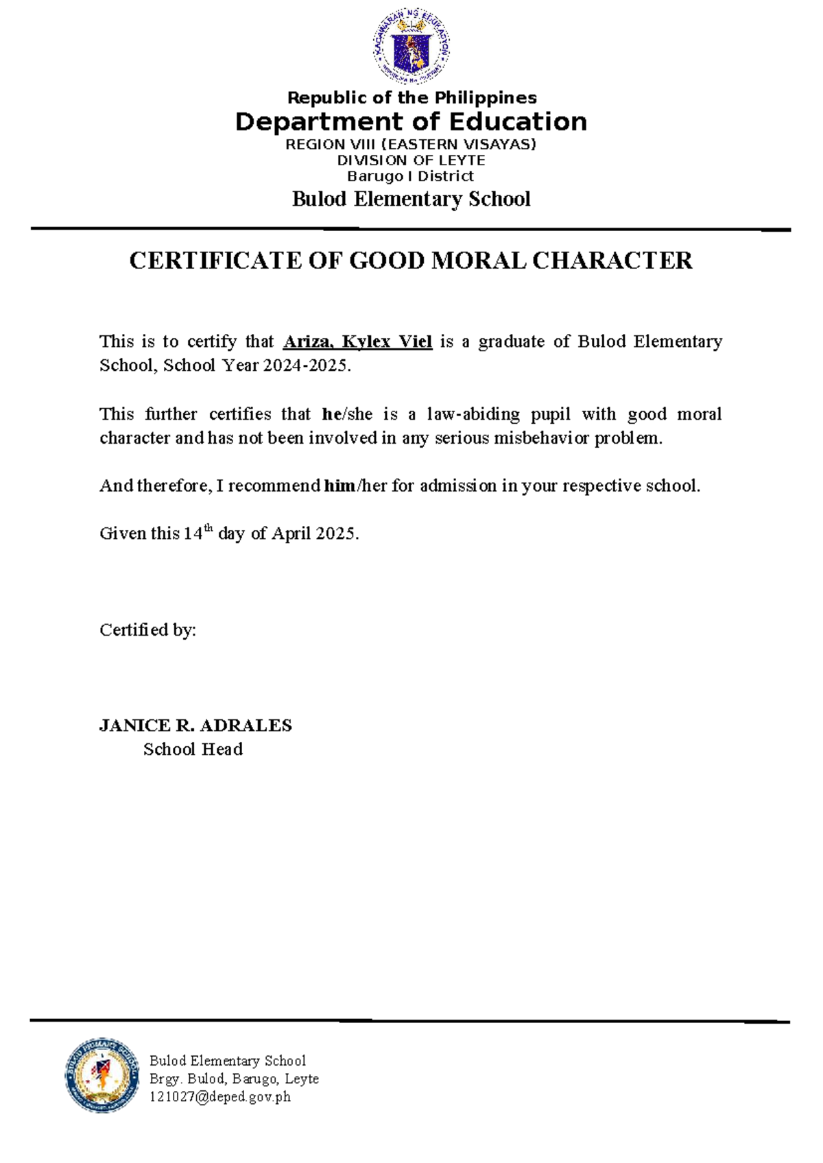 BES Certificate of Good Moral Character - Bulod Elementary School - Studocu