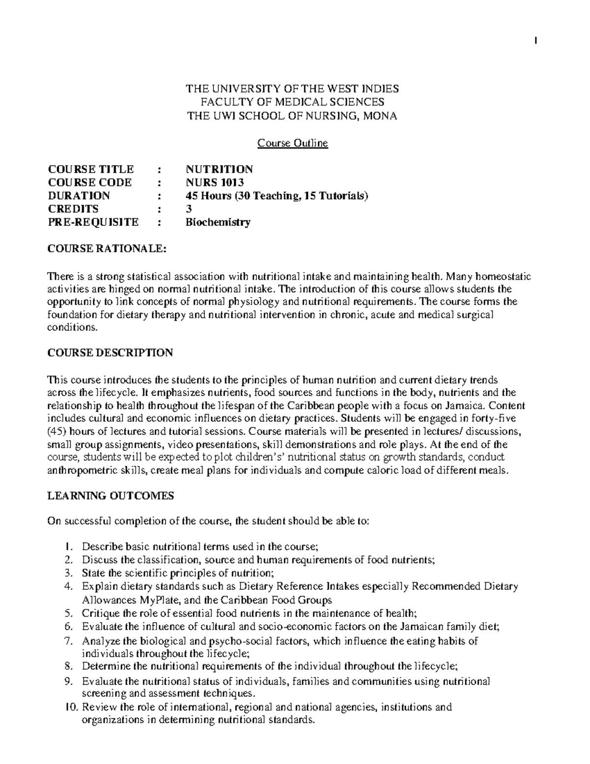 Nutrition Course Outline NURS 1013: Principles & Dietary Trends 2024-25 ...