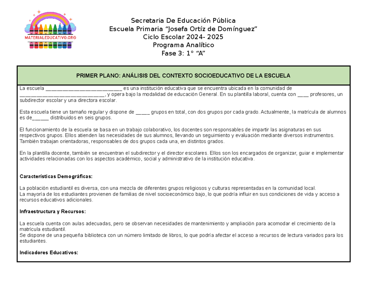 Programa Analítico 1er Grado 2023-2024: Contexto Socioeducativo - Studocu