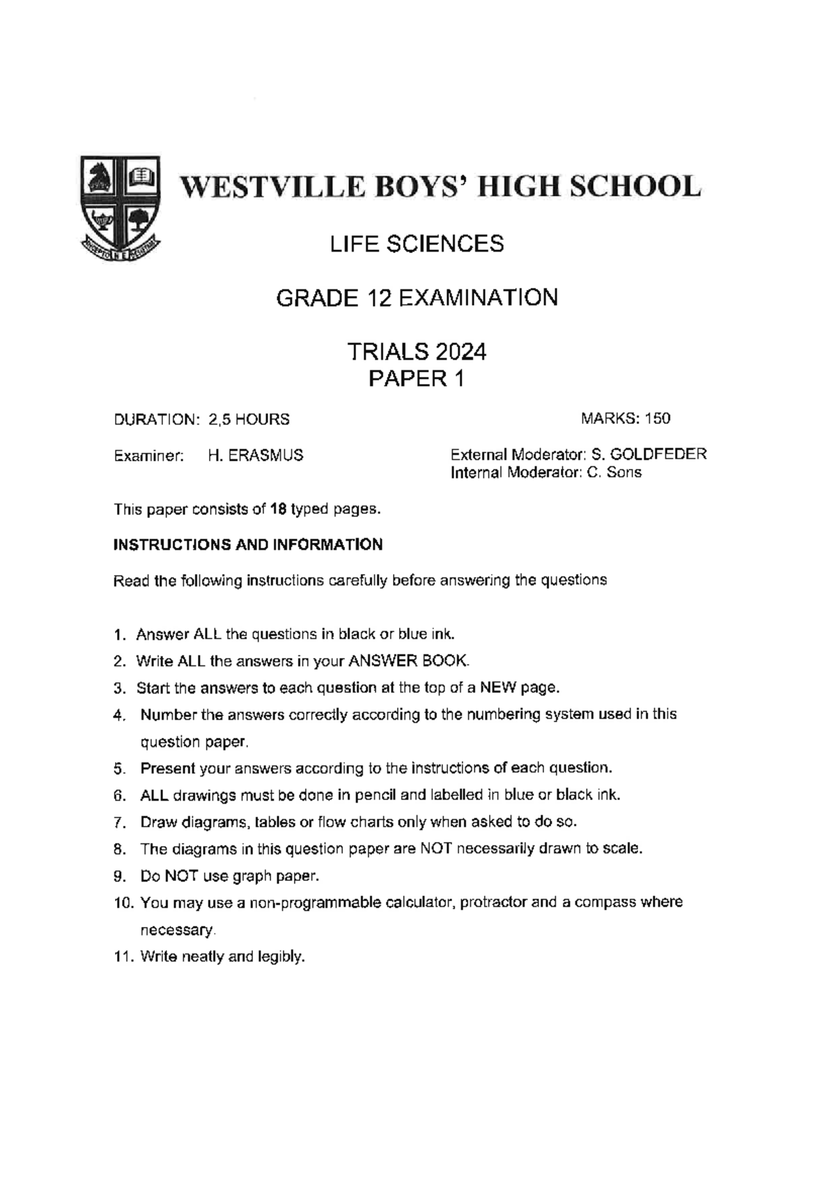 Trials 2024: Life Sciences Grade 12 Examination Paper 1 - Studocu