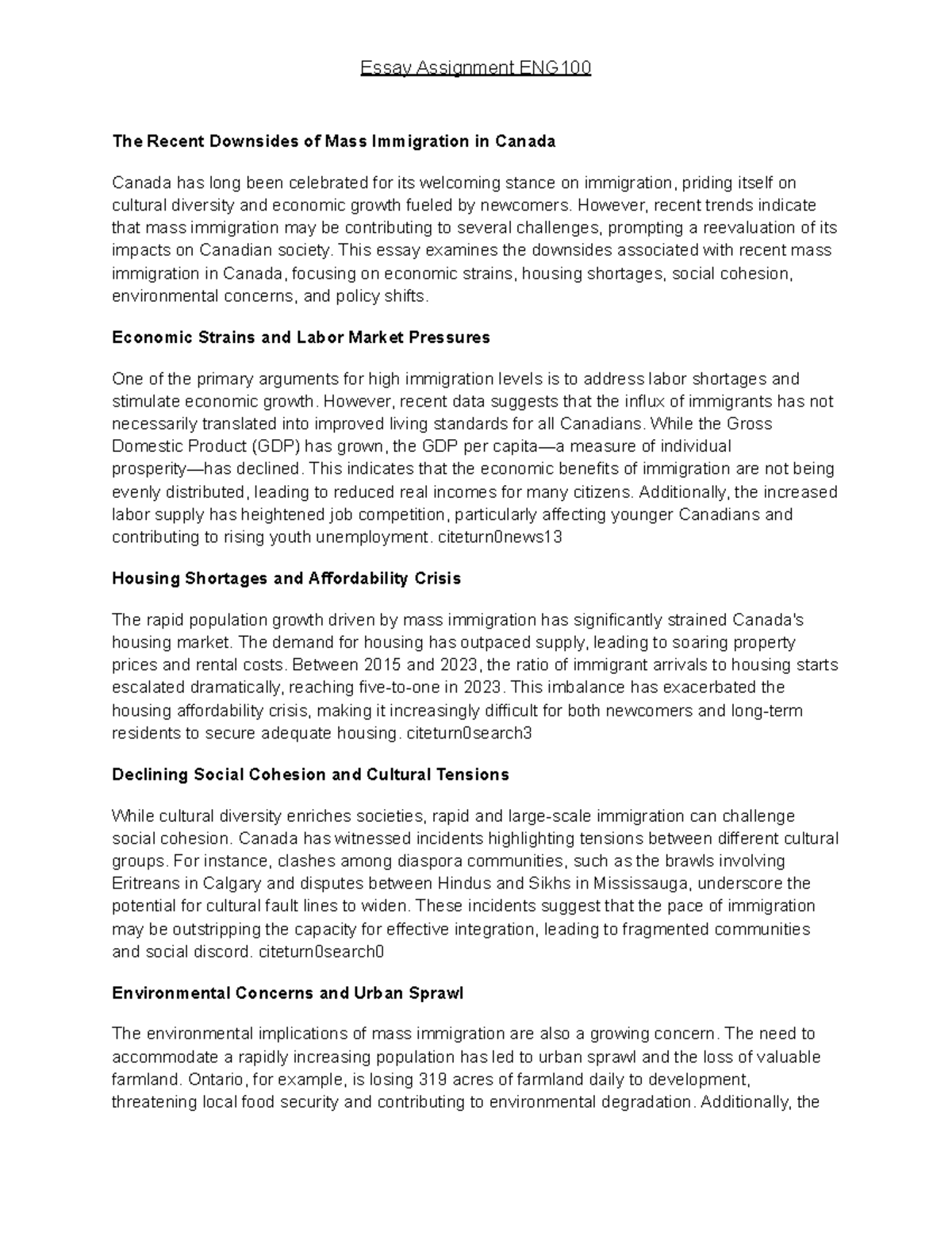Essay Assignment ENG100: The Downsides of Mass Immigration in Canada ...