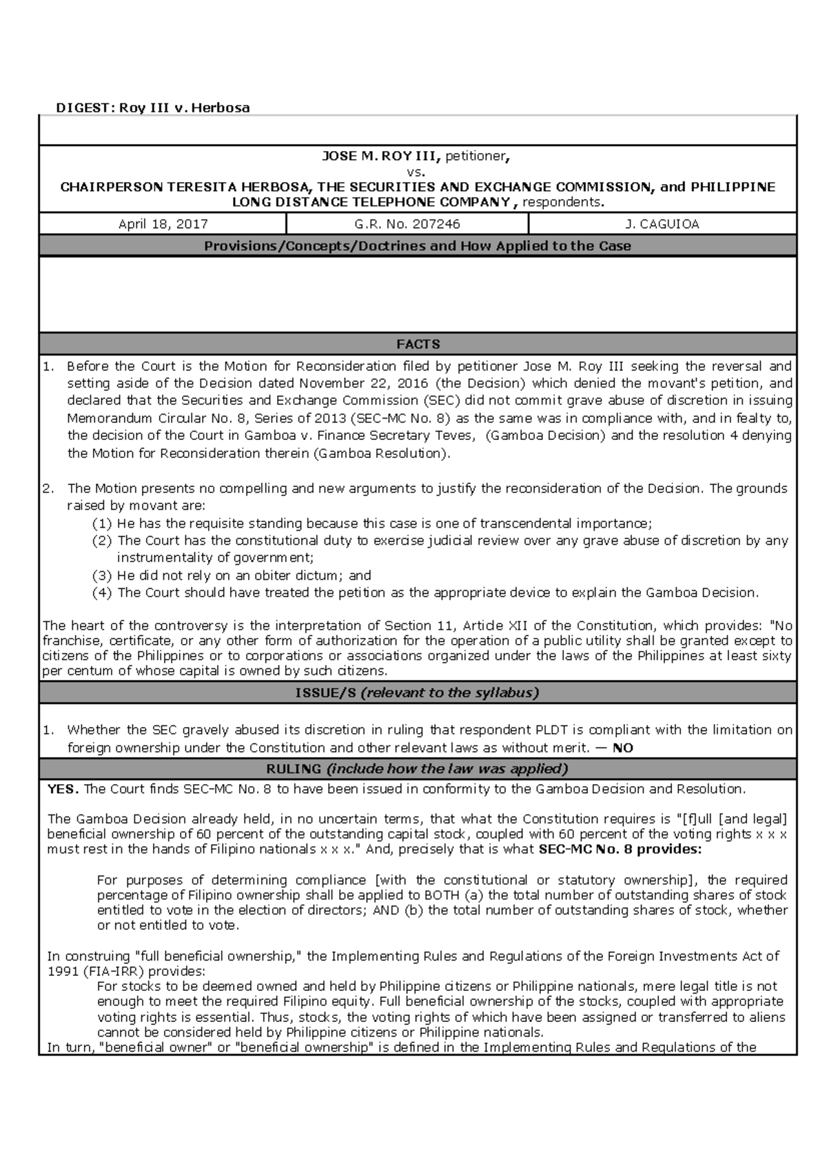 Case 04 Digest: Roy III vs. Herbosa - SEC Decision Analysis - Studocu