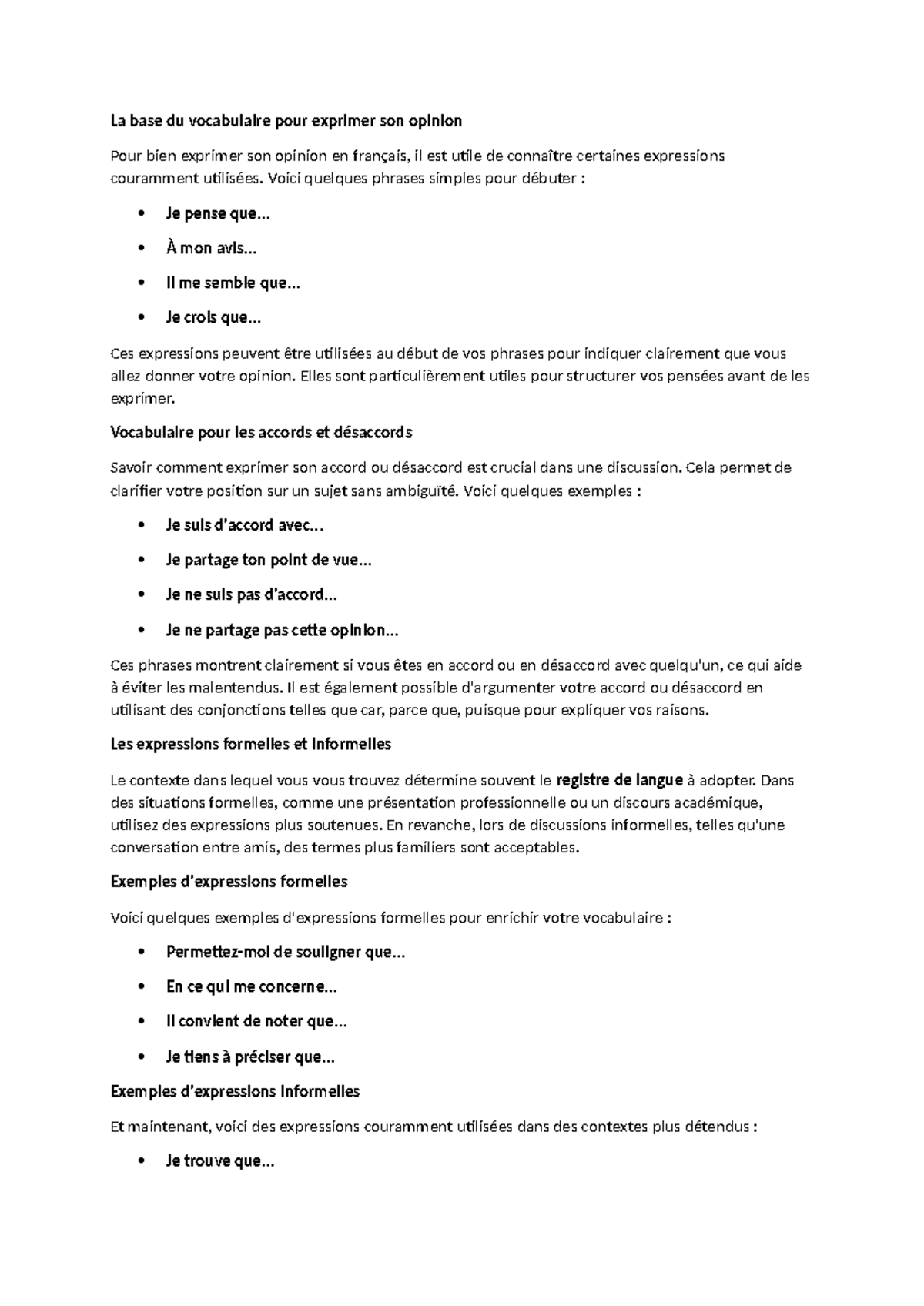 Vocabulaire essentiel pour exprimer son opinion en français - Studocu
