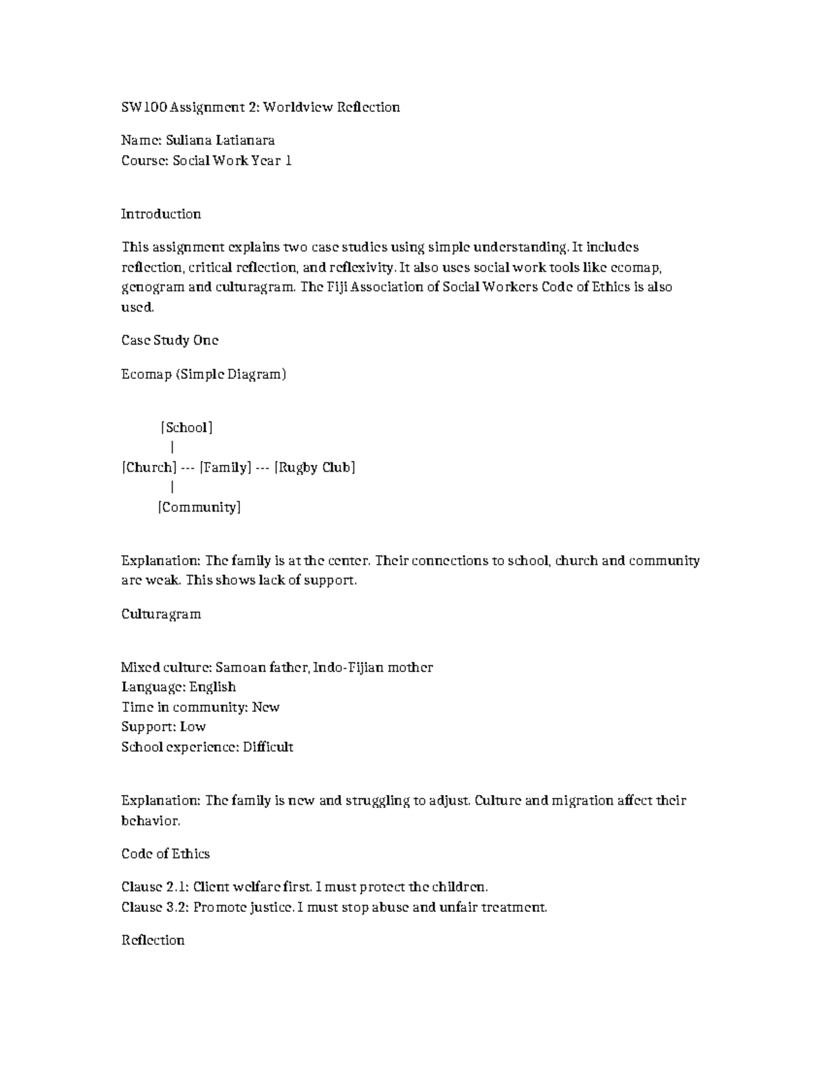 SW100 Assignment 2: Reflection on Worldview in Social Work - Studocu
