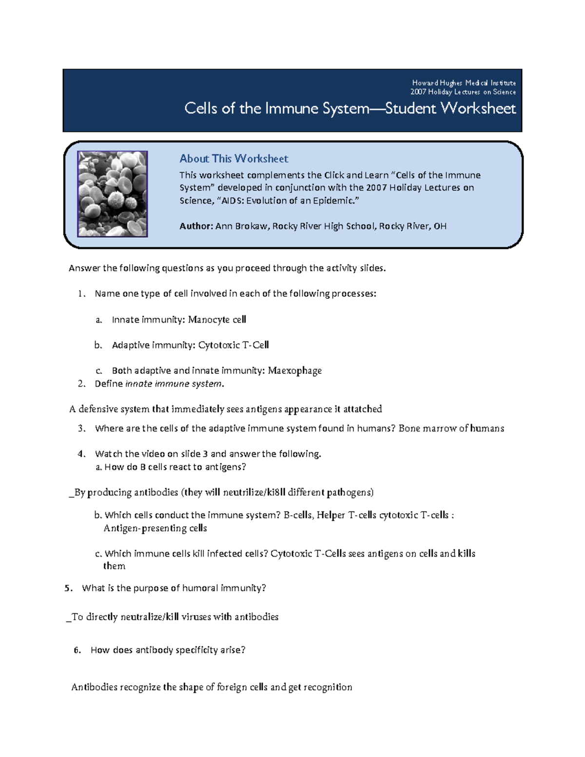 Cells of the Immune System: Student Worksheet for Click & Learn ...