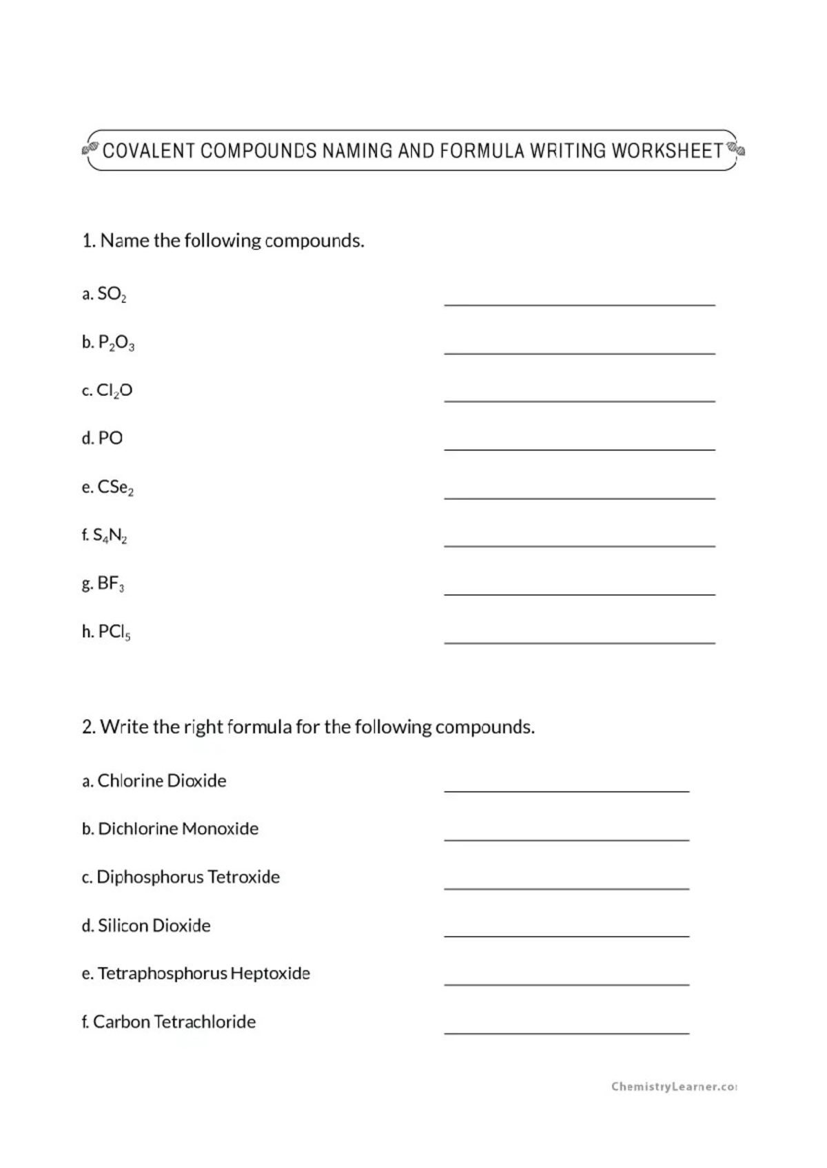 COVALENT COMPOUNDS NAMING & FORMULA WRITING WORKSHEET 5.1 - Studocu
