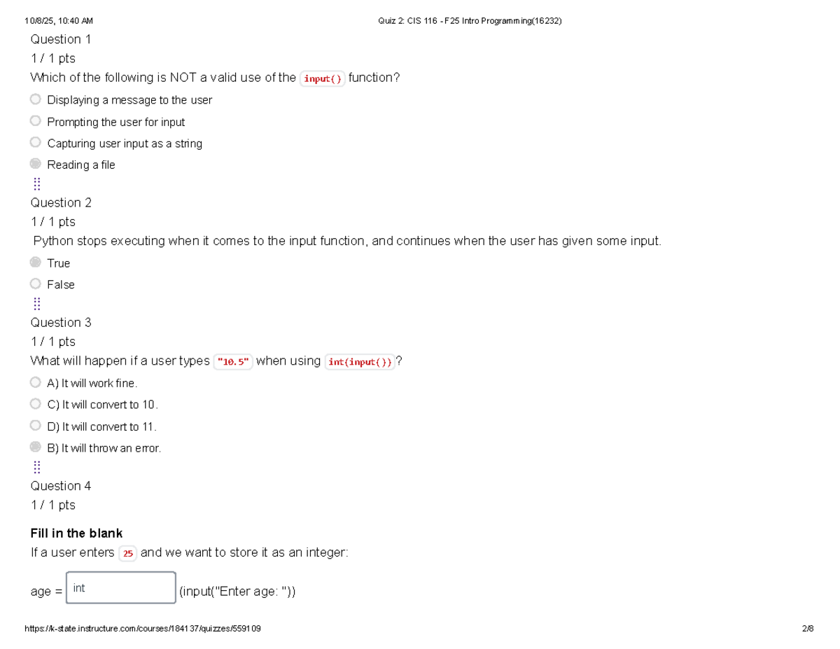 Quiz 2 Questions for CIS 116 F25: Intro to Programming - Studocu