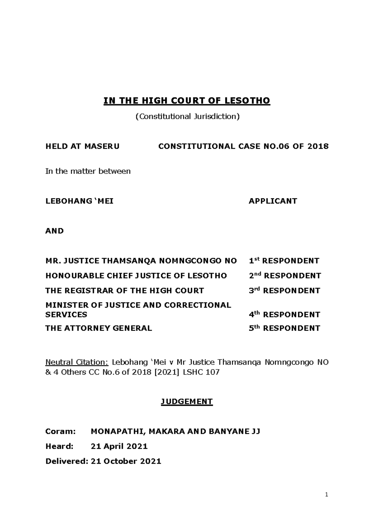 Constitutional Case Review: Mei v Justice Thamsanqa Nomngcongo NO ...