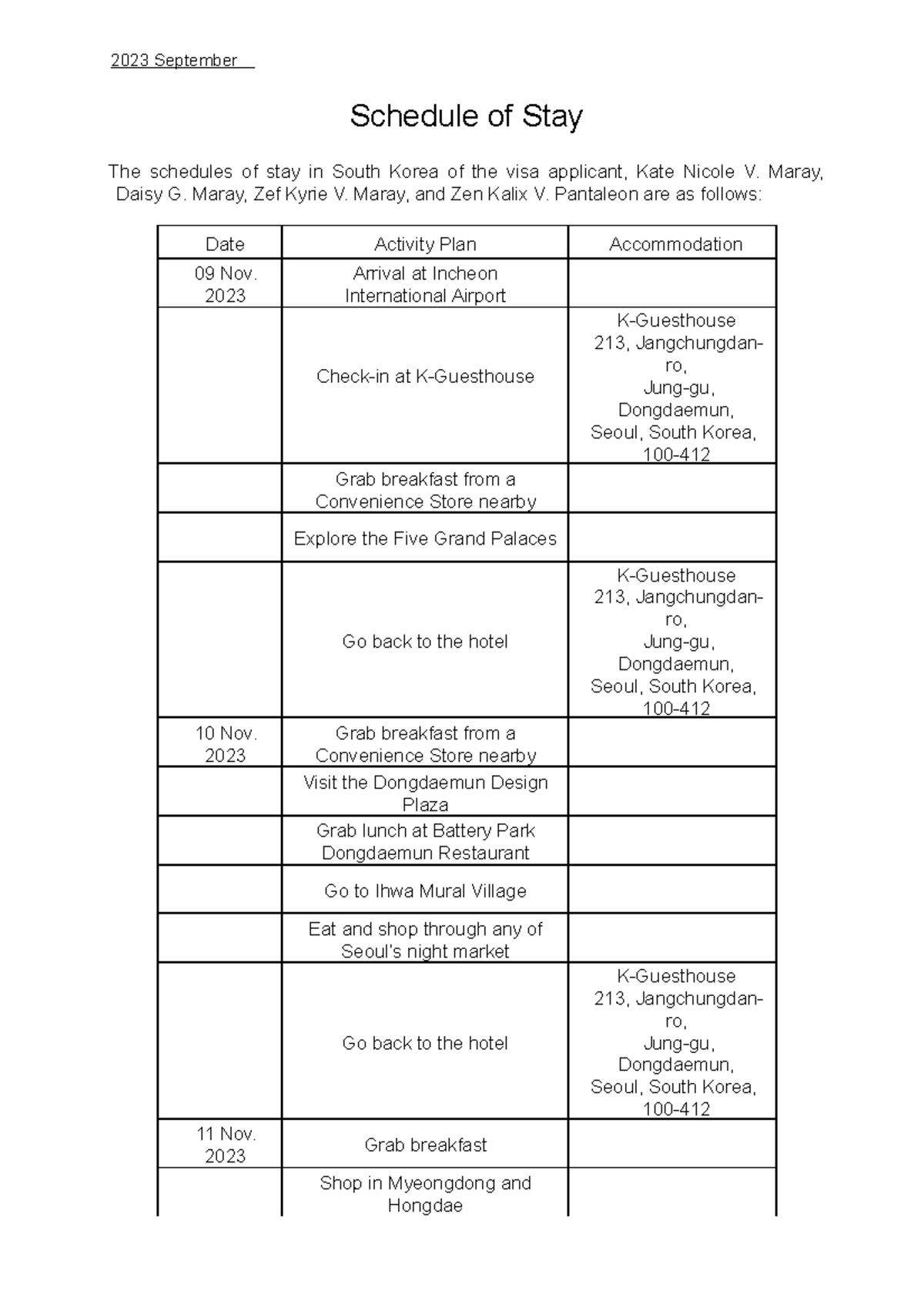 Korea Itinerary for Stay: Schedule from Nov 9 to Nov 18, 2023 - Studocu