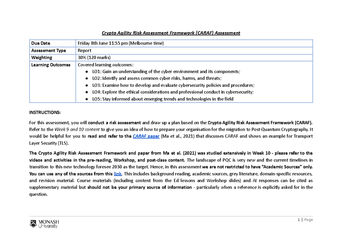 FIT1057 CARAF Risk Assessment Report: Cybersecurity & Crypto Agility ...