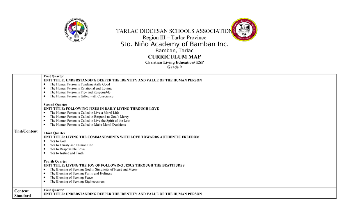 Grade 9 CLE- Curriculum Map (new format) - TARLAC DIOCESAN SCHOOLS ...