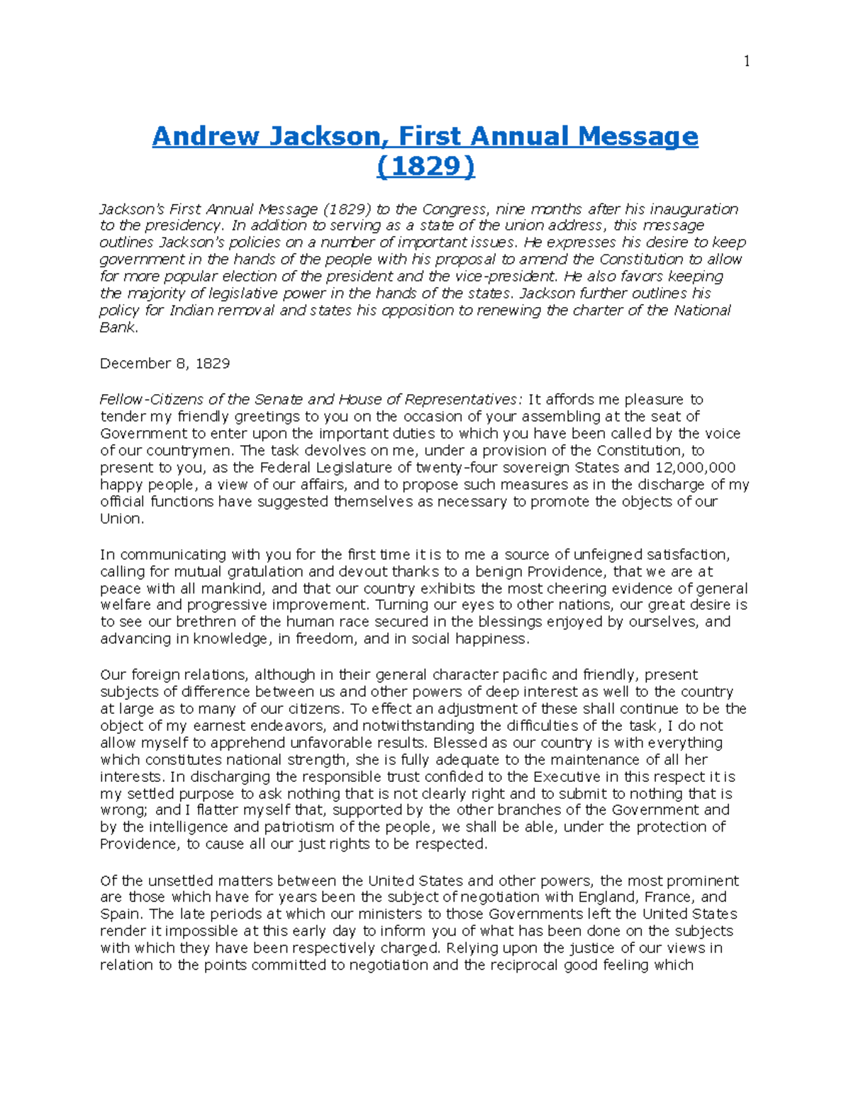 Andrew Jackson - 1829 First Annual Message to Congress - Studocu