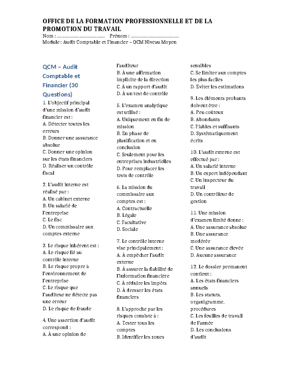 QCM Audit Comptable et Financier - Niveau Moyen - Studocu
