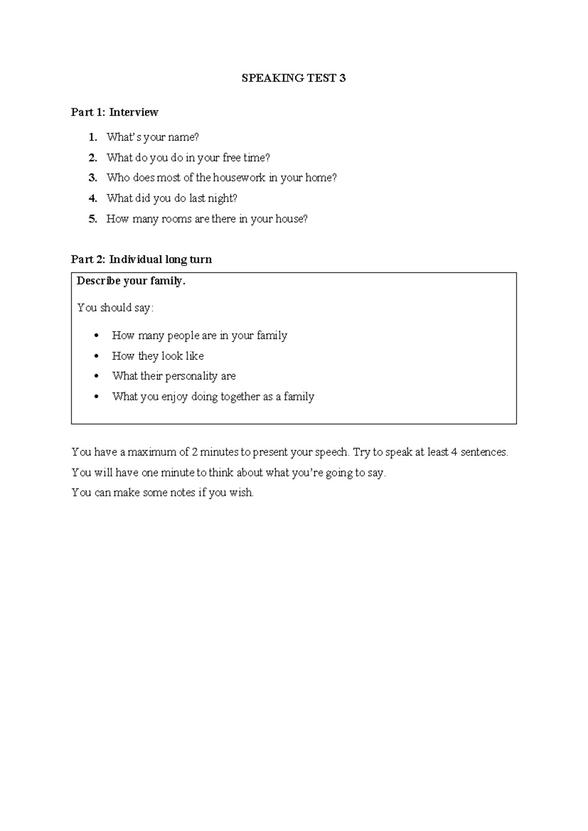 SPEAKING TEST 3: Interview & Individual Long Turn Guide - Studocu